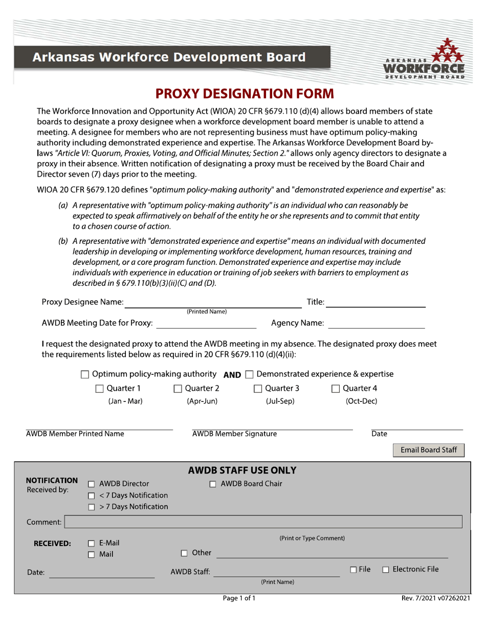 Arkansas Arkansas Workforce Development Board Proxy Designation Form ...