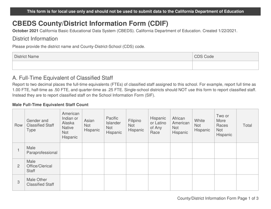 2021 California Cbeds County/District Information Form (Cdif) - Fill ...