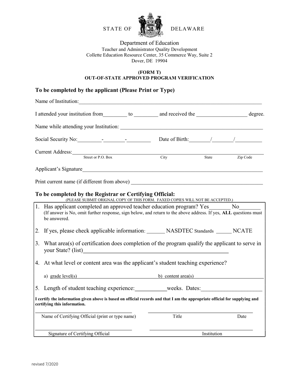 Form T Download Printable PDF or Fill Online Out-of-State Approved ...