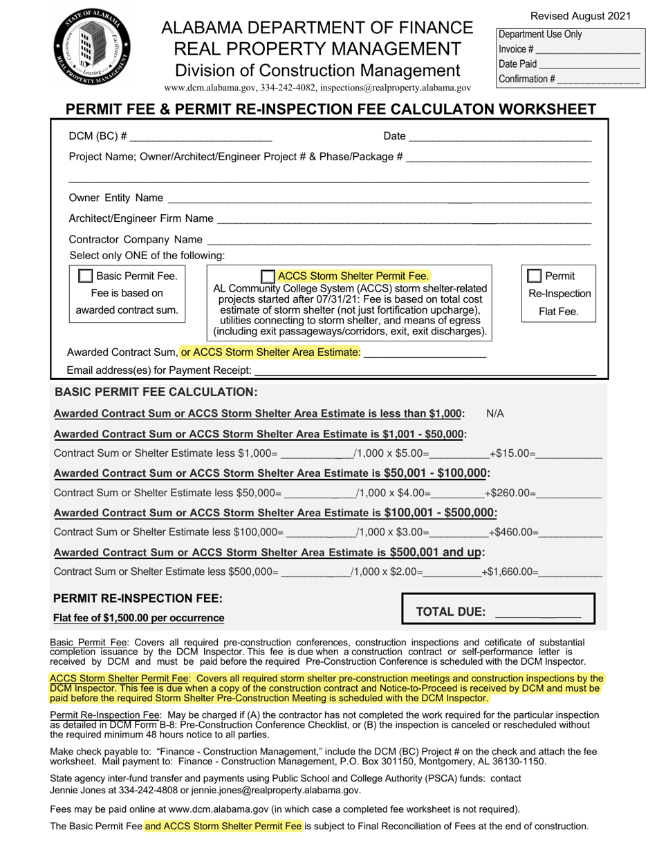 Alabama Permit Fee & Permit Re-inspection Fee Calculaton Worksheet ...