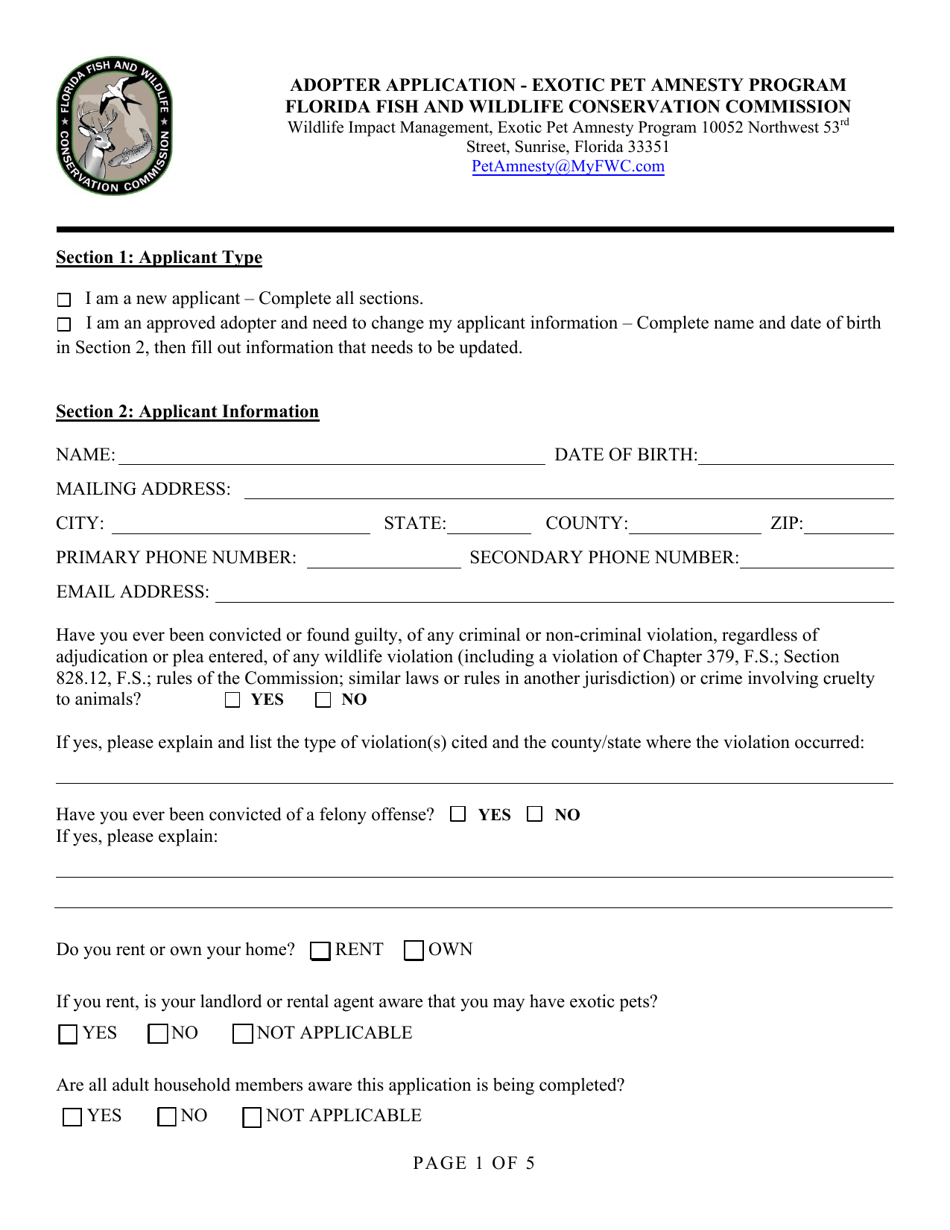 Florida Adopter Application - Exotic Pet Amnesty Program - Fill Out ...