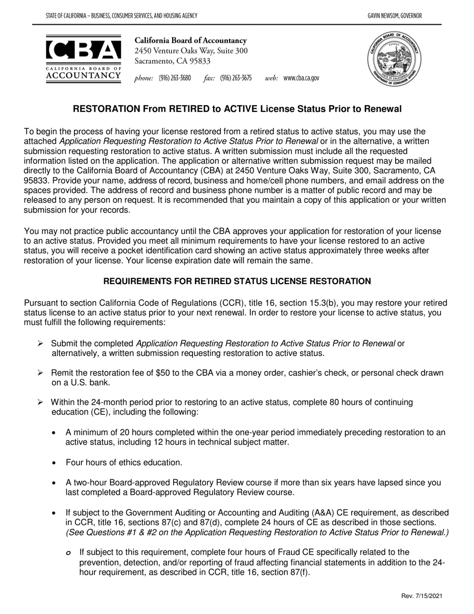 California Application Requesting Restoration to Active Status Prior to ...