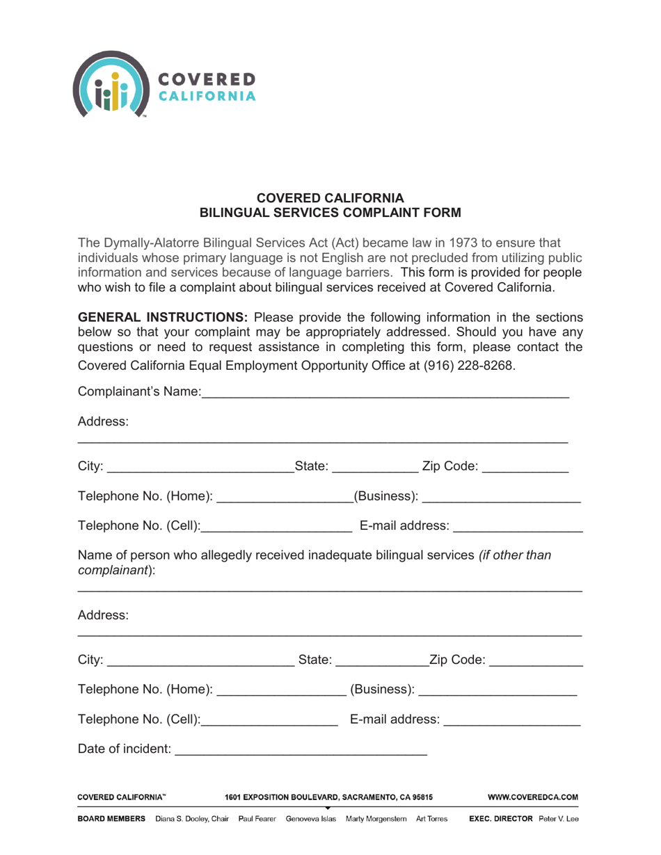California Bilingual Services Complaint Form - Fill Out, Sign Online ...