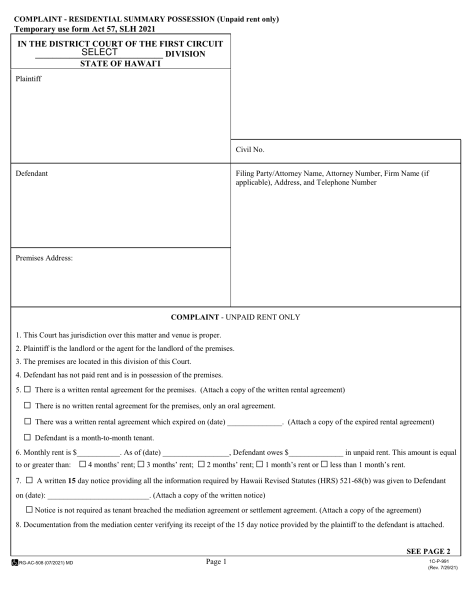 Form 1C-P-991 - Fill Out, Sign Online and Download Fillable PDF, Hawaii ...