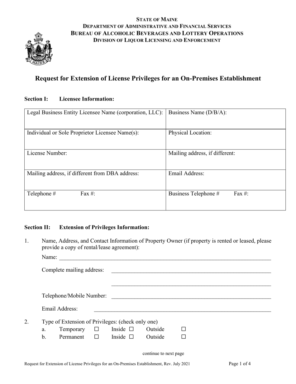Maine Request for Extension of License Privileges for an on-Premises ...