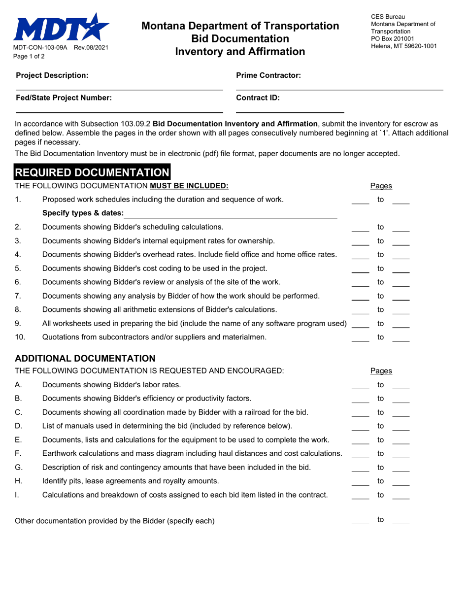 Form MDT-CON-103-09A Download Fillable PDF or Fill Online Bid ...