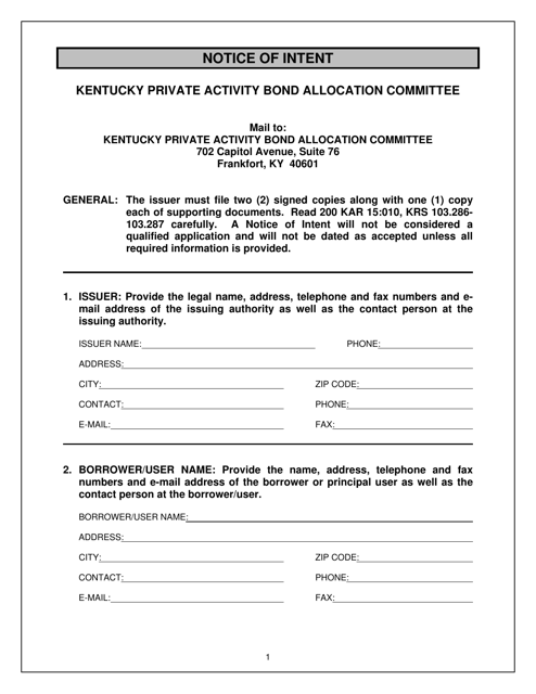 Kentucky Notice of Intent Download Printable PDF | Templateroller