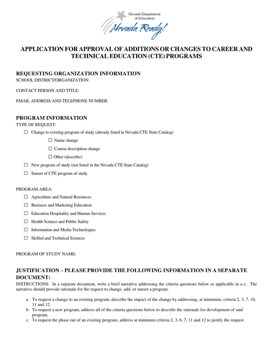 Nevada Application for Approval of Additions or Changes to Career and ...