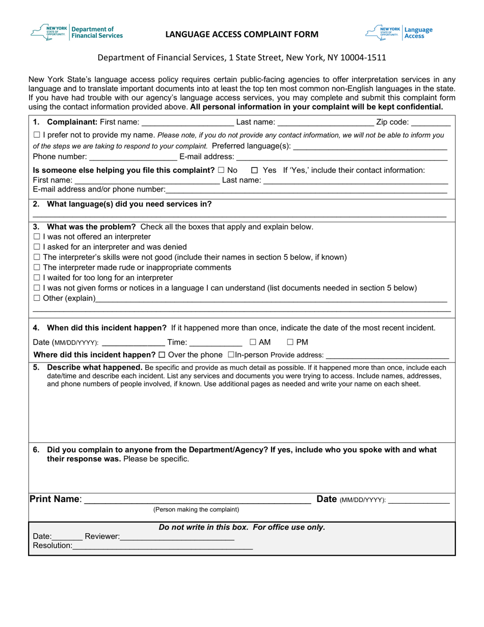 New York Language Access Complaint Form - Fill Out, Sign Online and ...