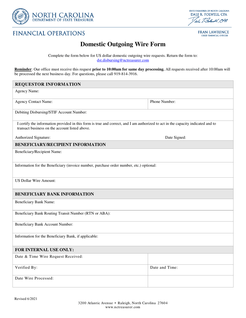 North Carolina Domestic Outgoing Wire Form Download Fillable PDF ...