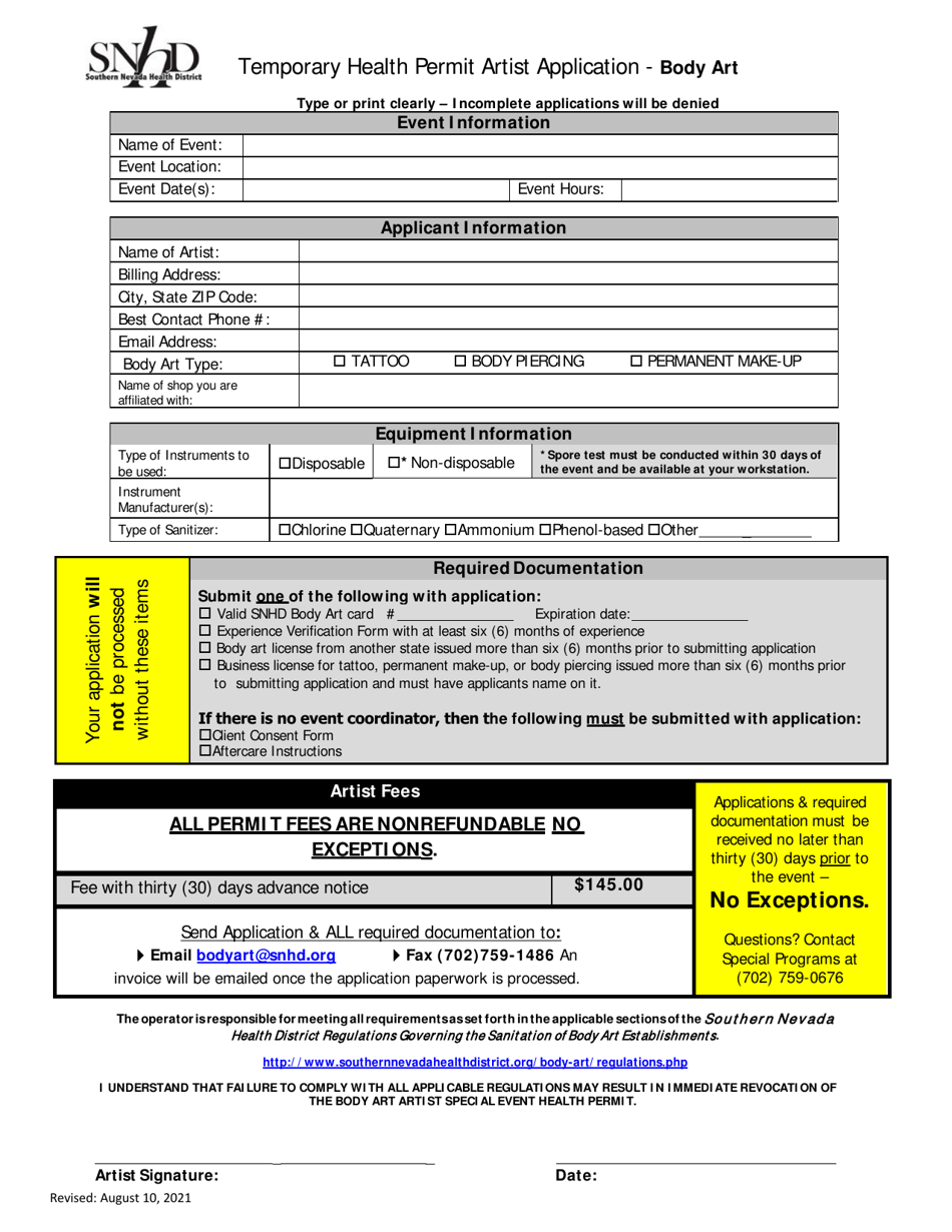 Nevada Temporary Health Permit Artist Application - Body Art Download ...