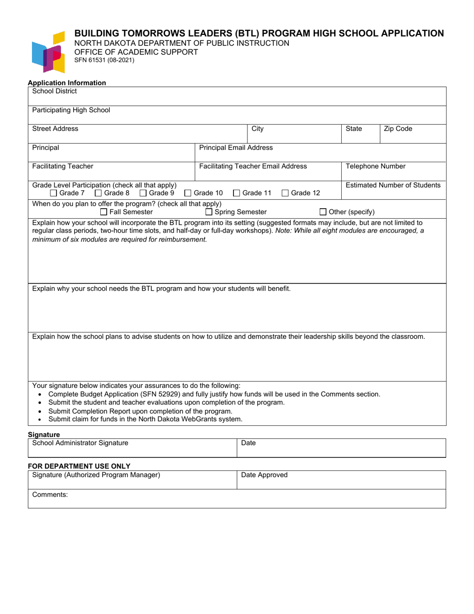 Form SFN61531 Download Fillable PDF or Fill Online Building Tomorrows ...