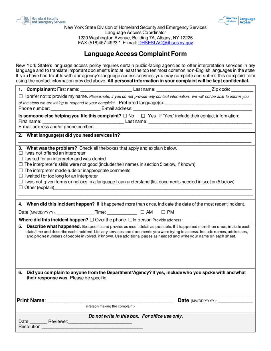 New York Language Access Complaint Form - Fill Out, Sign Online and ...