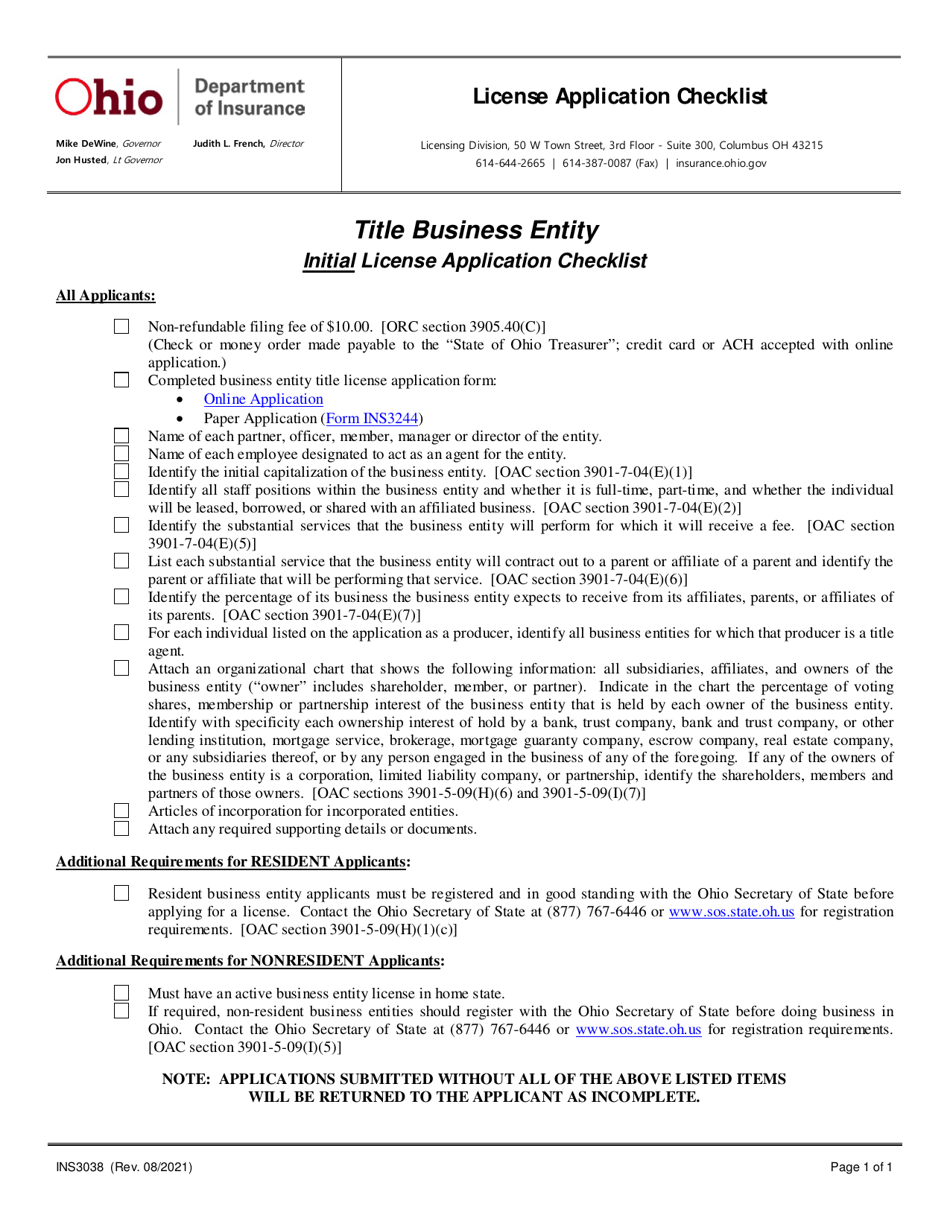 Form INS3038 Download Fillable PDF or Fill Online Title Business Entity ...