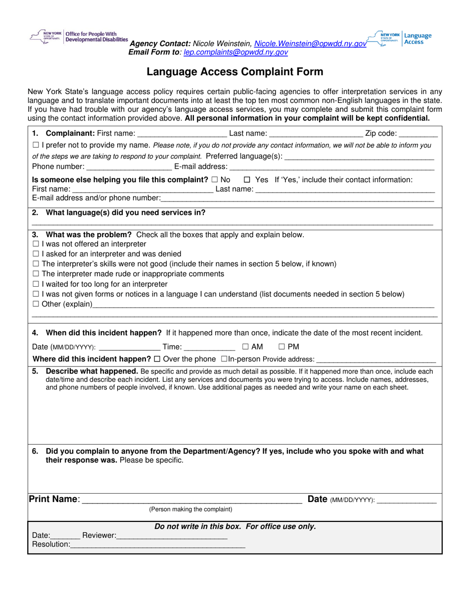 New York Language Access Complaint Form - Fill Out, Sign Online and ...
