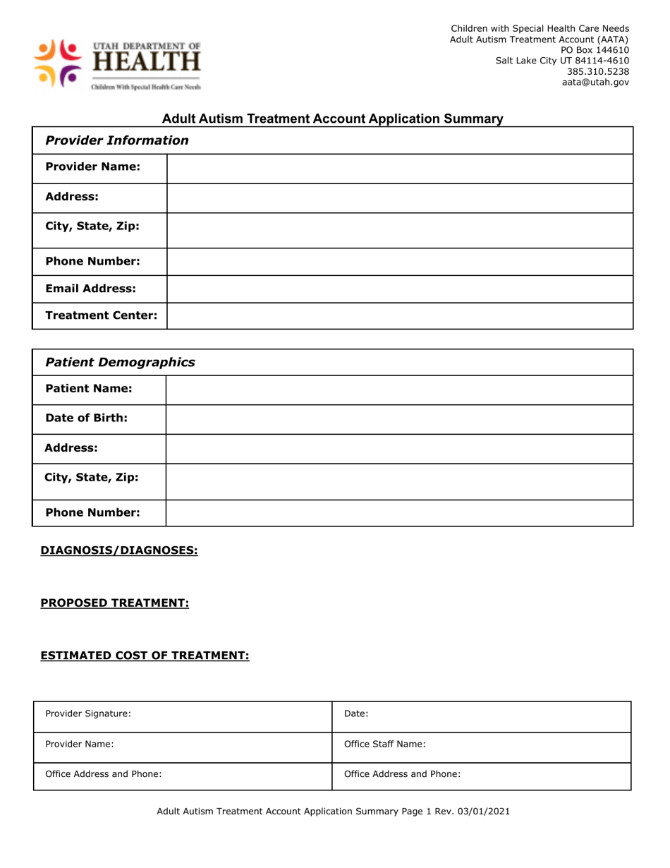 Utah Adult Autism Treatment Account Application Summary - Fill Out ...
