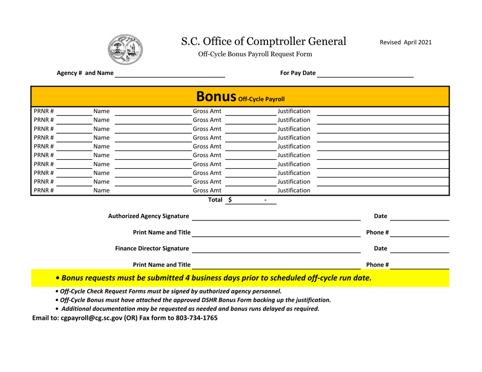 South Carolina Off-Cycle Bonus Payroll Request Form Download Printable ...
