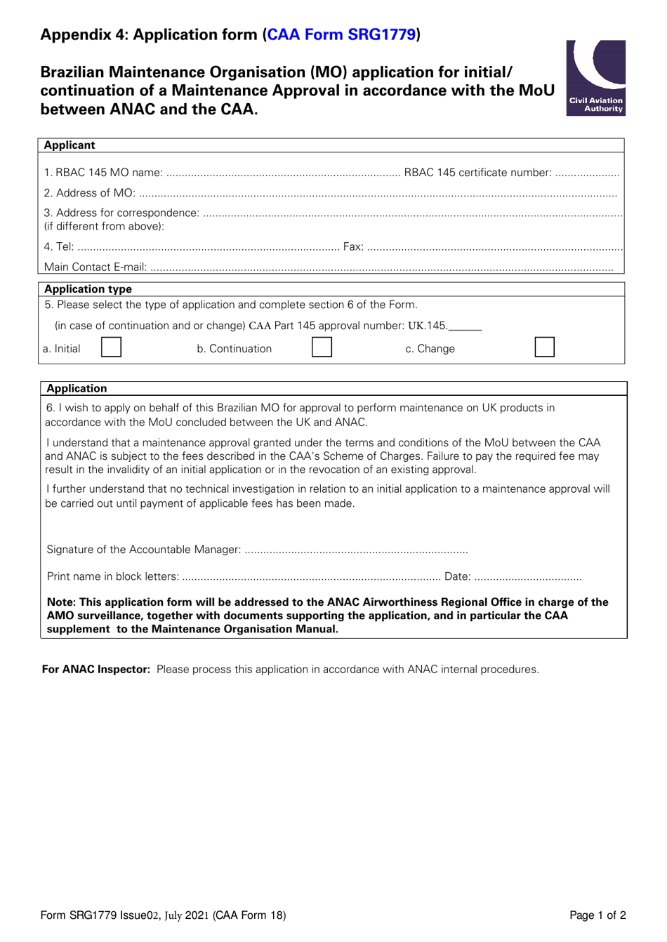 CAA Form 18 (SRG1779) Appendix 4 - Fill Out, Sign Online and Download ...