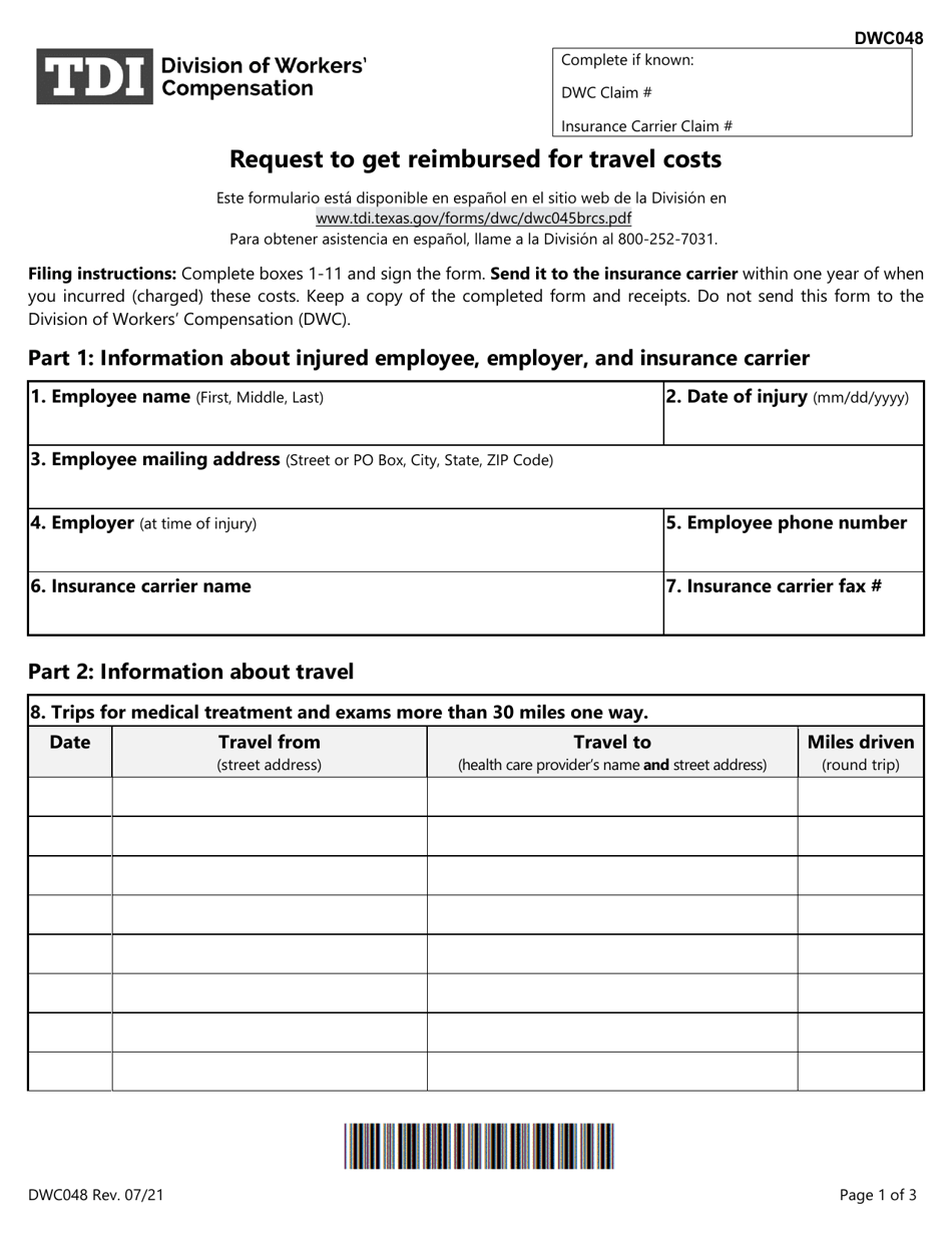 Form DWC048 - Fill Out, Sign Online and Download Fillable PDF, Texas ...