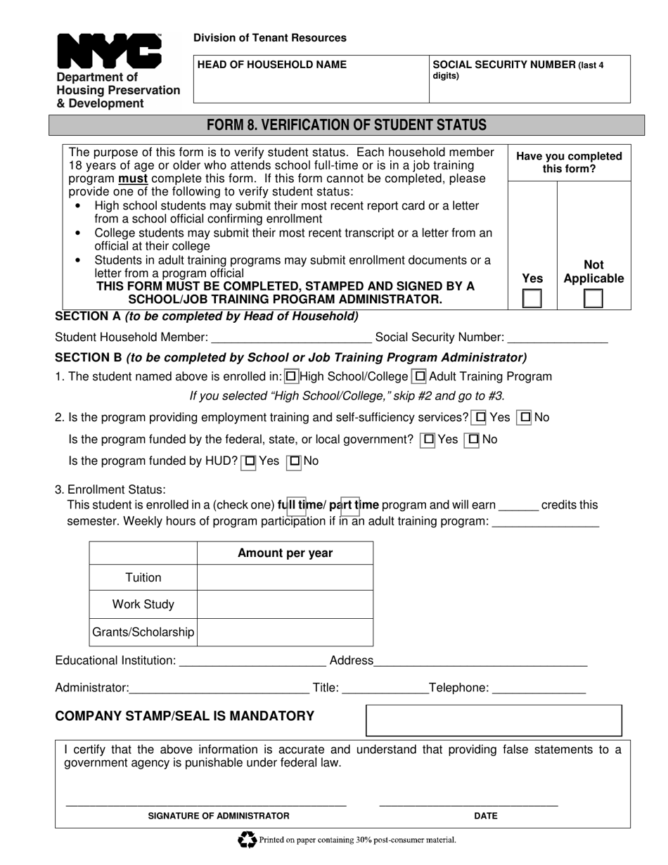 Form 8 Download Fillable PDF or Fill Online Verification of Student ...