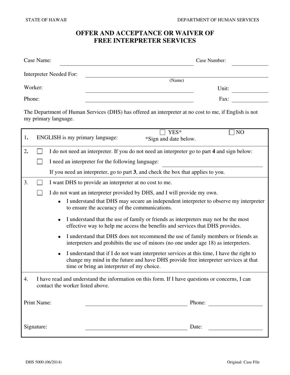Form DHS5000 - Fill Out, Sign Online and Download Printable PDF, Hawaii ...