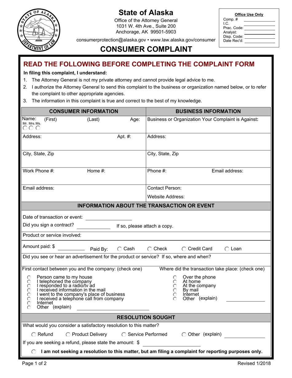 Alaska Consumer Complaint Form - Fill Out, Sign Online and Download PDF ...