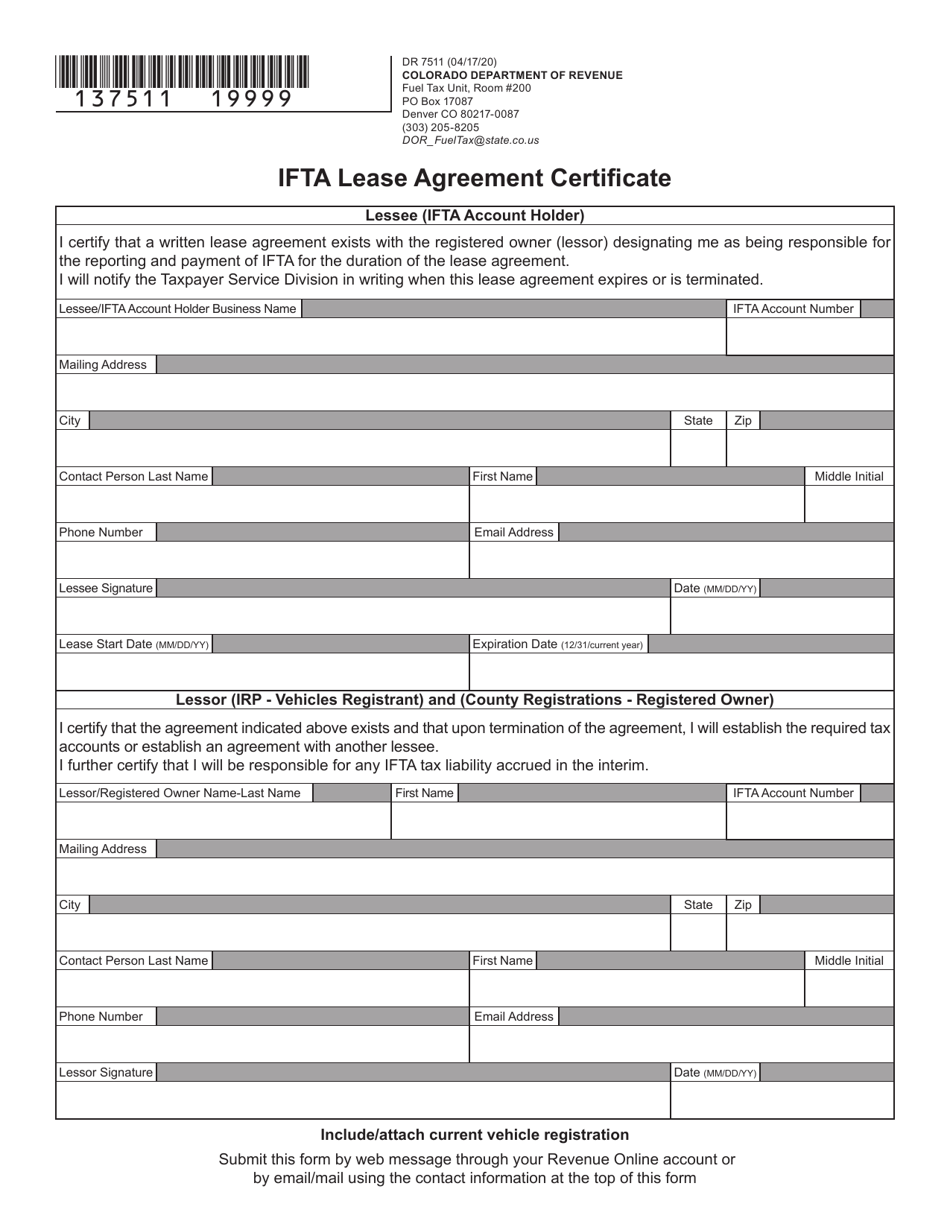 Form DR7511 Download Fillable PDF or Fill Online Ifta Lease Agreement ...