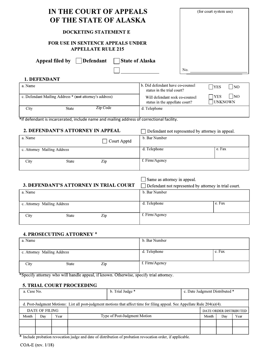Form COA E Download Fillable PDF Or Fill Online Docketing Statement E