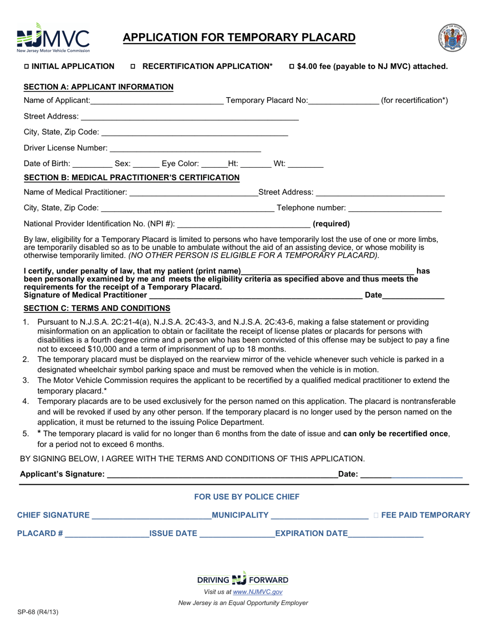 Form SP-68 - Fill Out, Sign Online and Download Fillable PDF, New ...