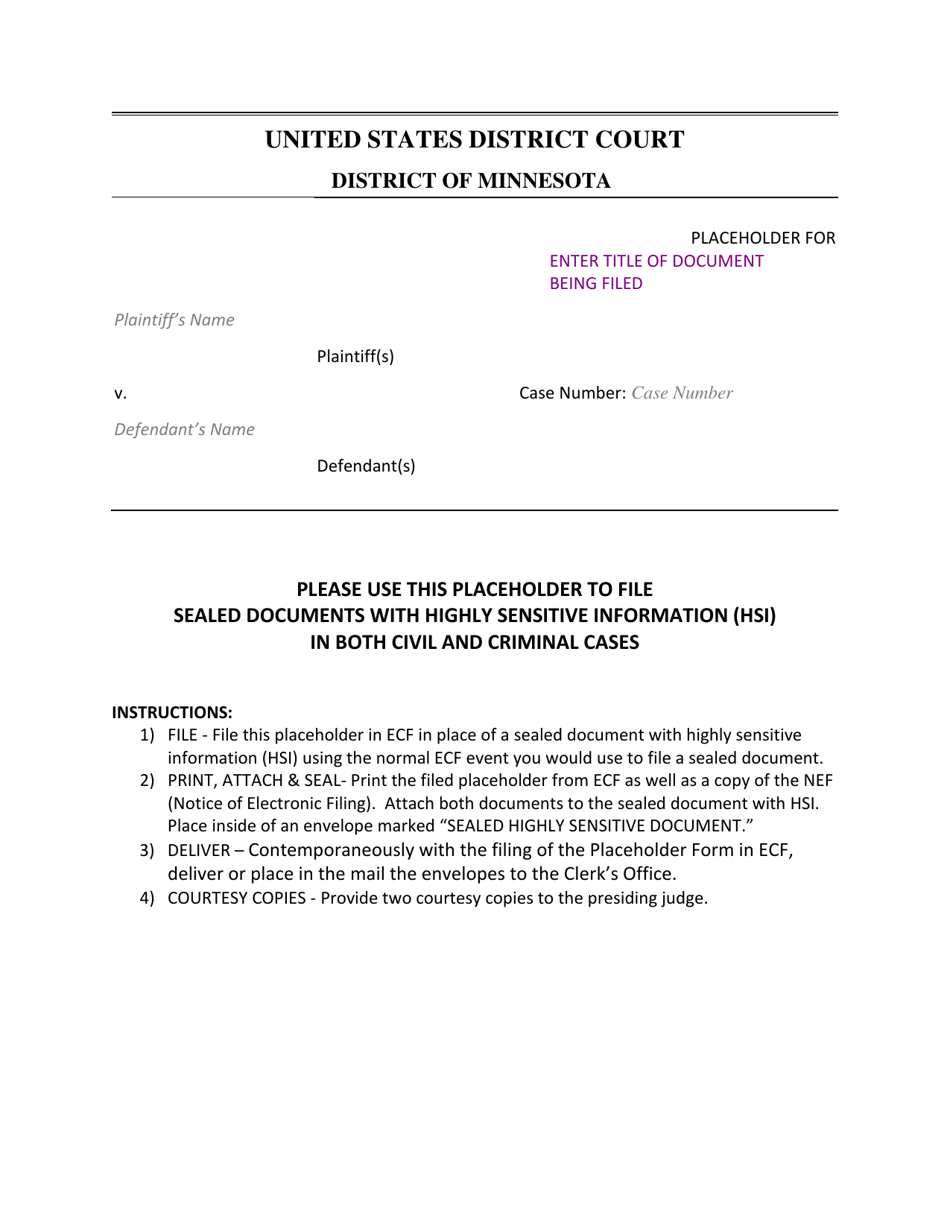 Minnesota Placeholder to File Sealed Highly Sensitive Documents - Fill ...