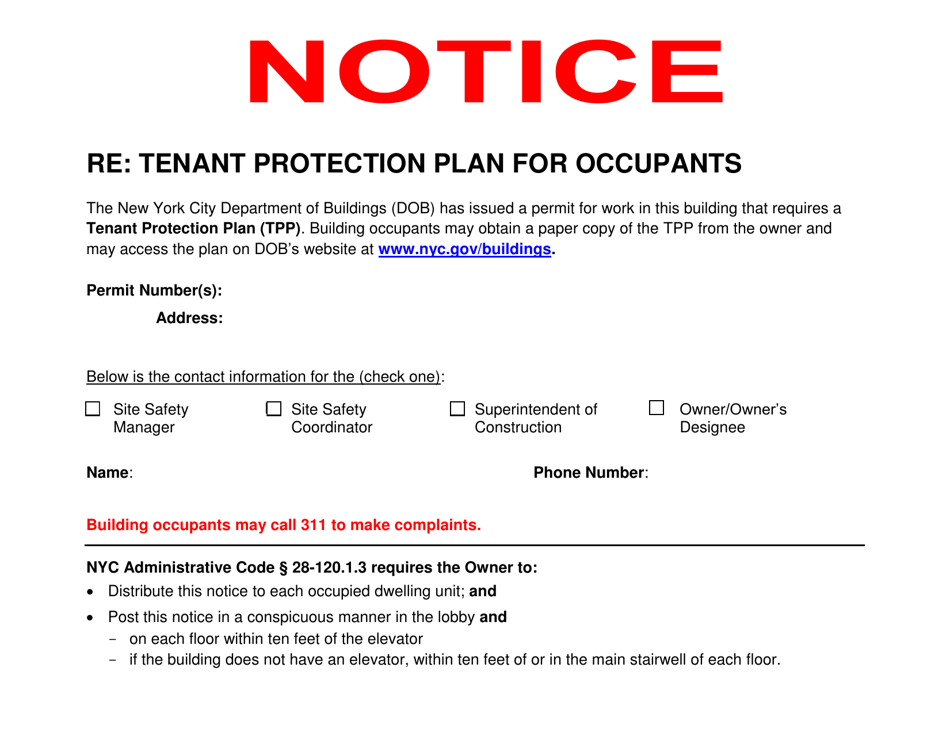 New York City Notice Regarding Tenant Protection Plan for Occupants ...