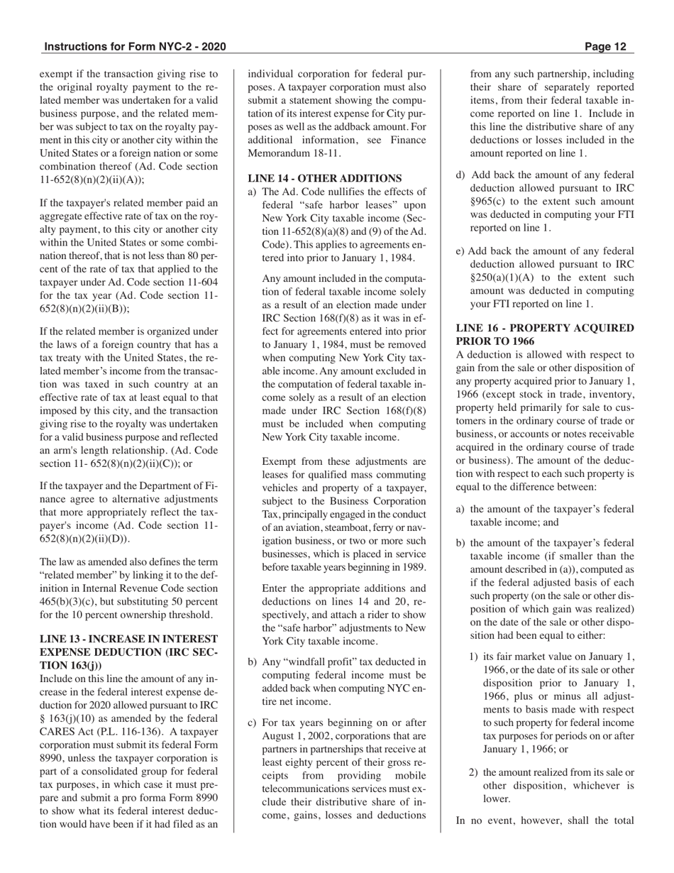 Download Instructions for Form NYC-2 Business Corporation Tax Return ...