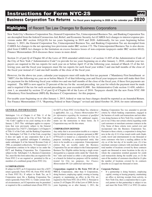 Download Instructions for Form NYC-2S Business Corporation Tax Return ...