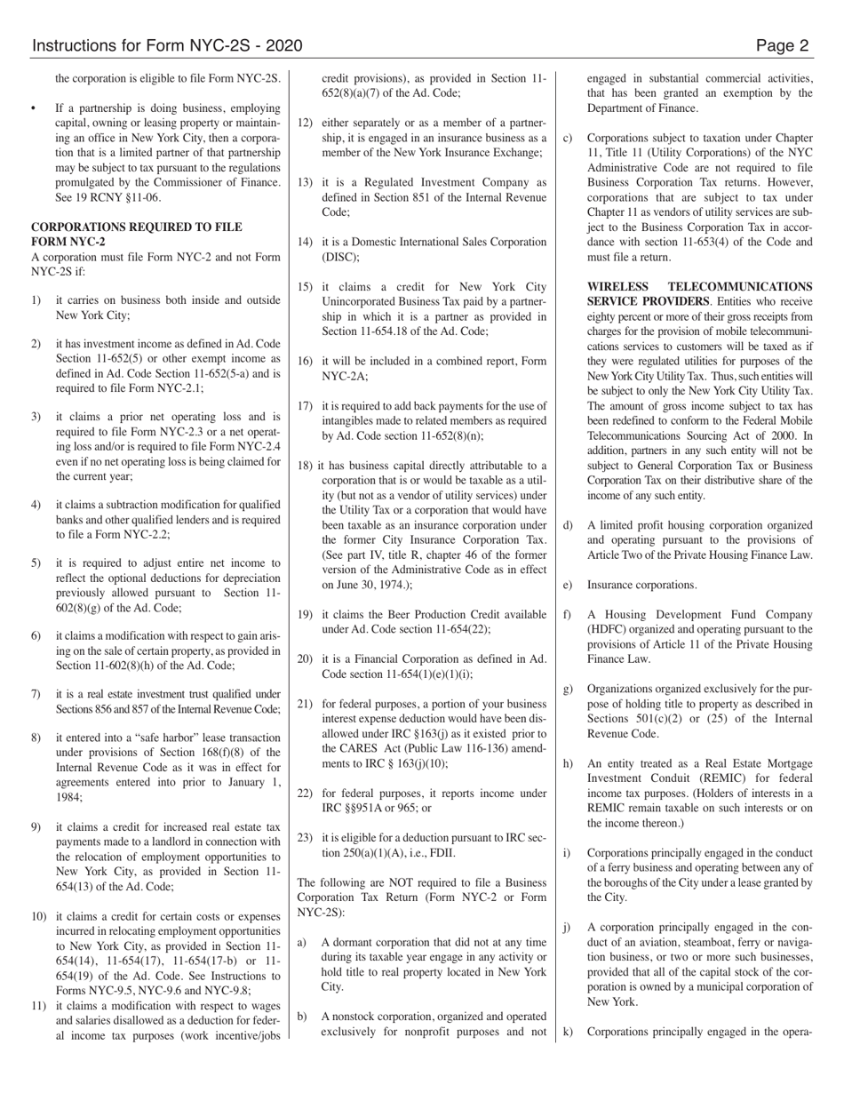 Download Instructions for Form NYC-2S Business Corporation Tax Return ...