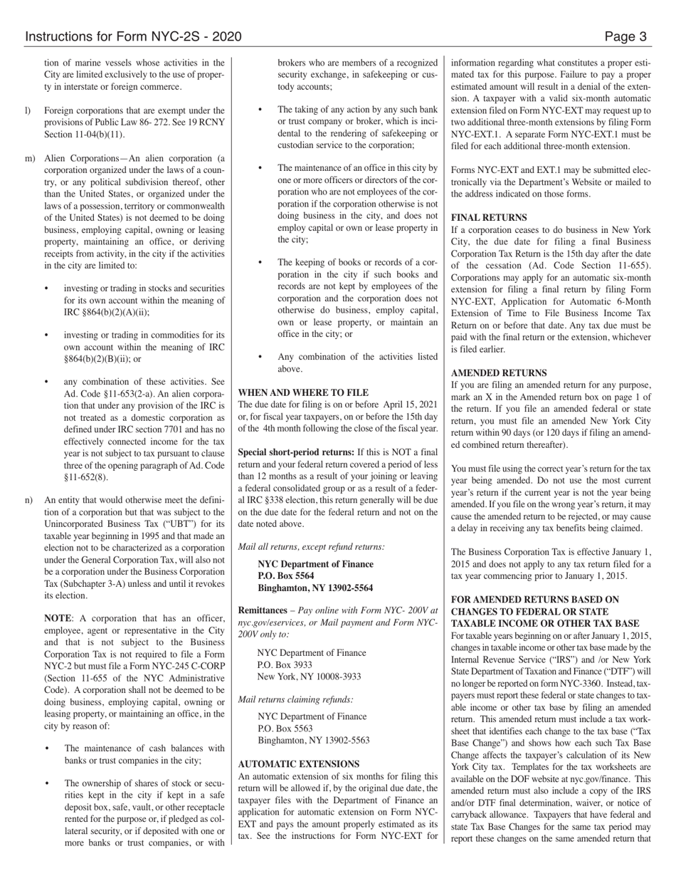 Download Instructions for Form NYC-2S Business Corporation Tax Return ...