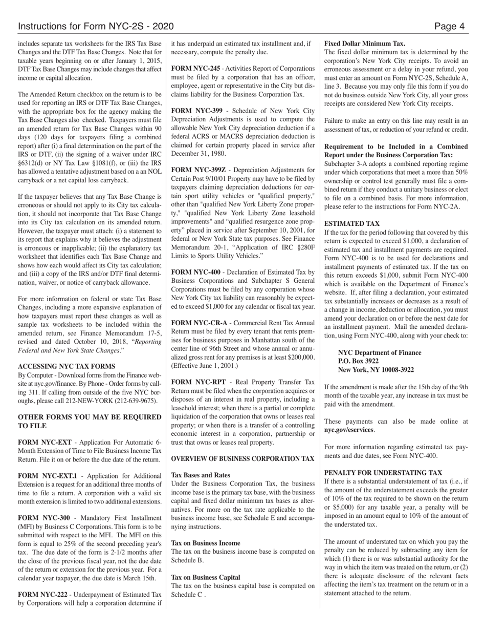 Download Instructions for Form NYC-2S Business Corporation Tax Return ...
