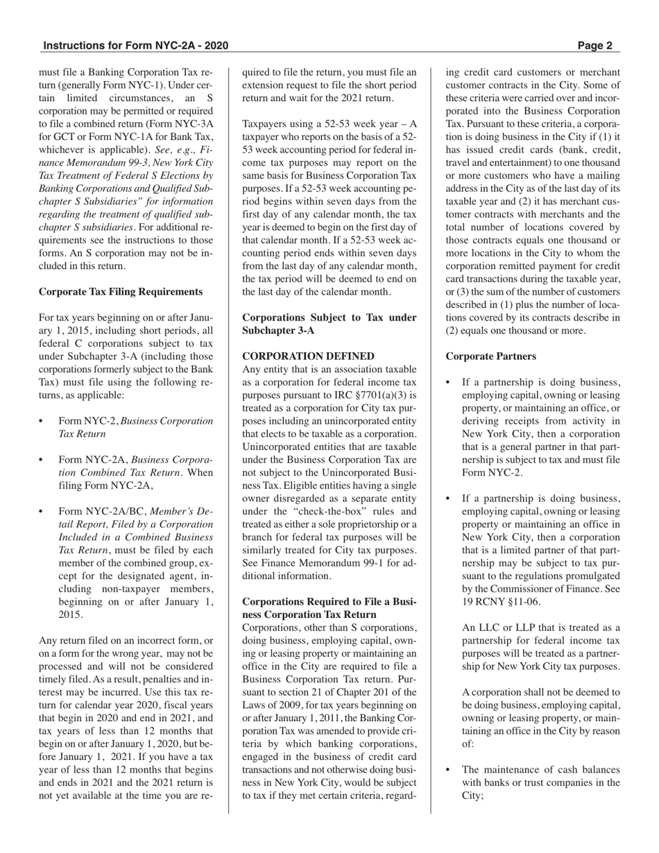 Download Instructions for Form NYC-2A Combined Business Corporation Tax ...