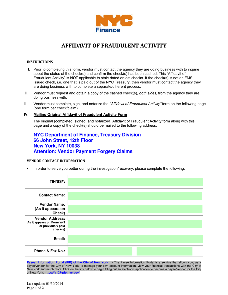 New York City Affidavit of Fraudulent Activity - Fill Out, Sign Online ...