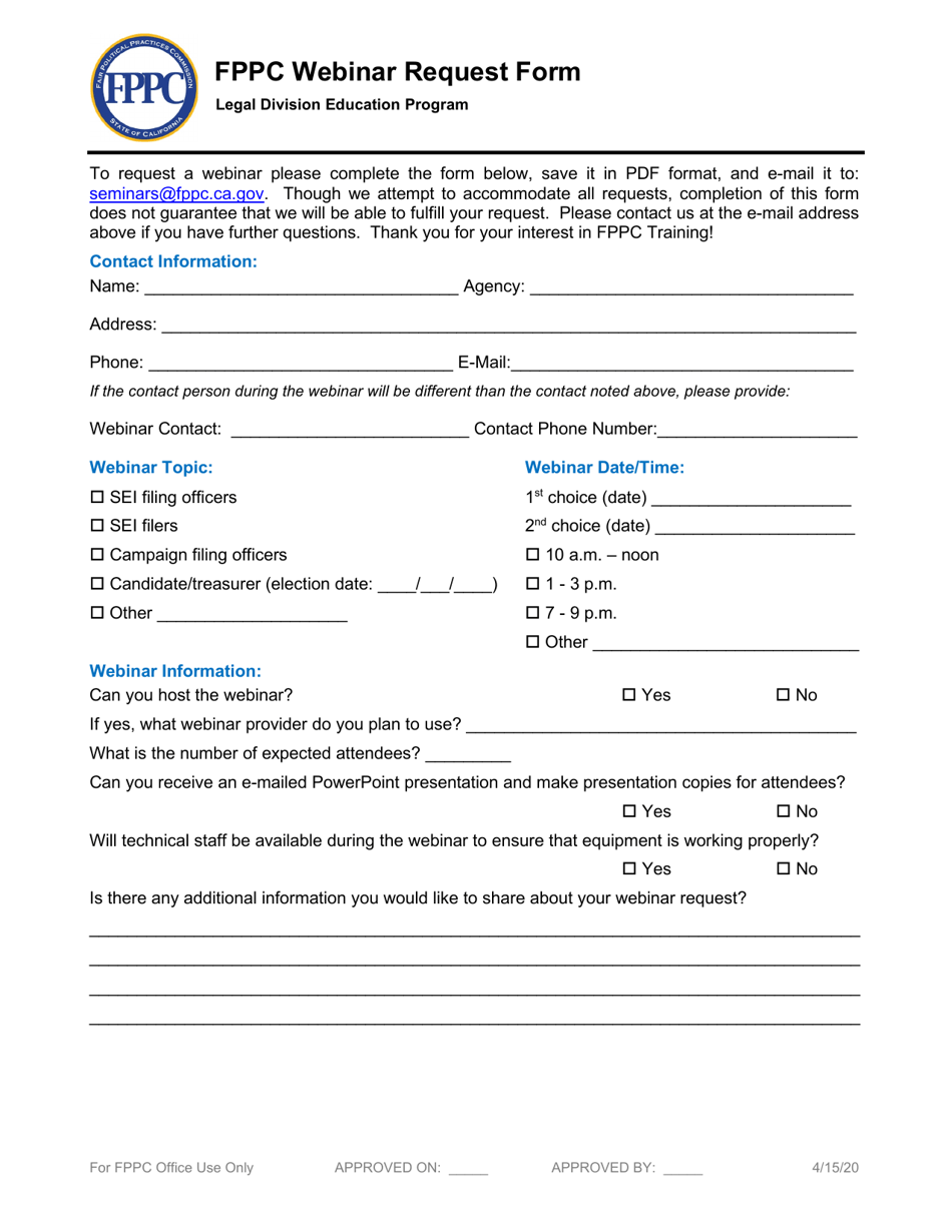 California FPPC Webinar Request Form Download Printable PDF | Templateroller