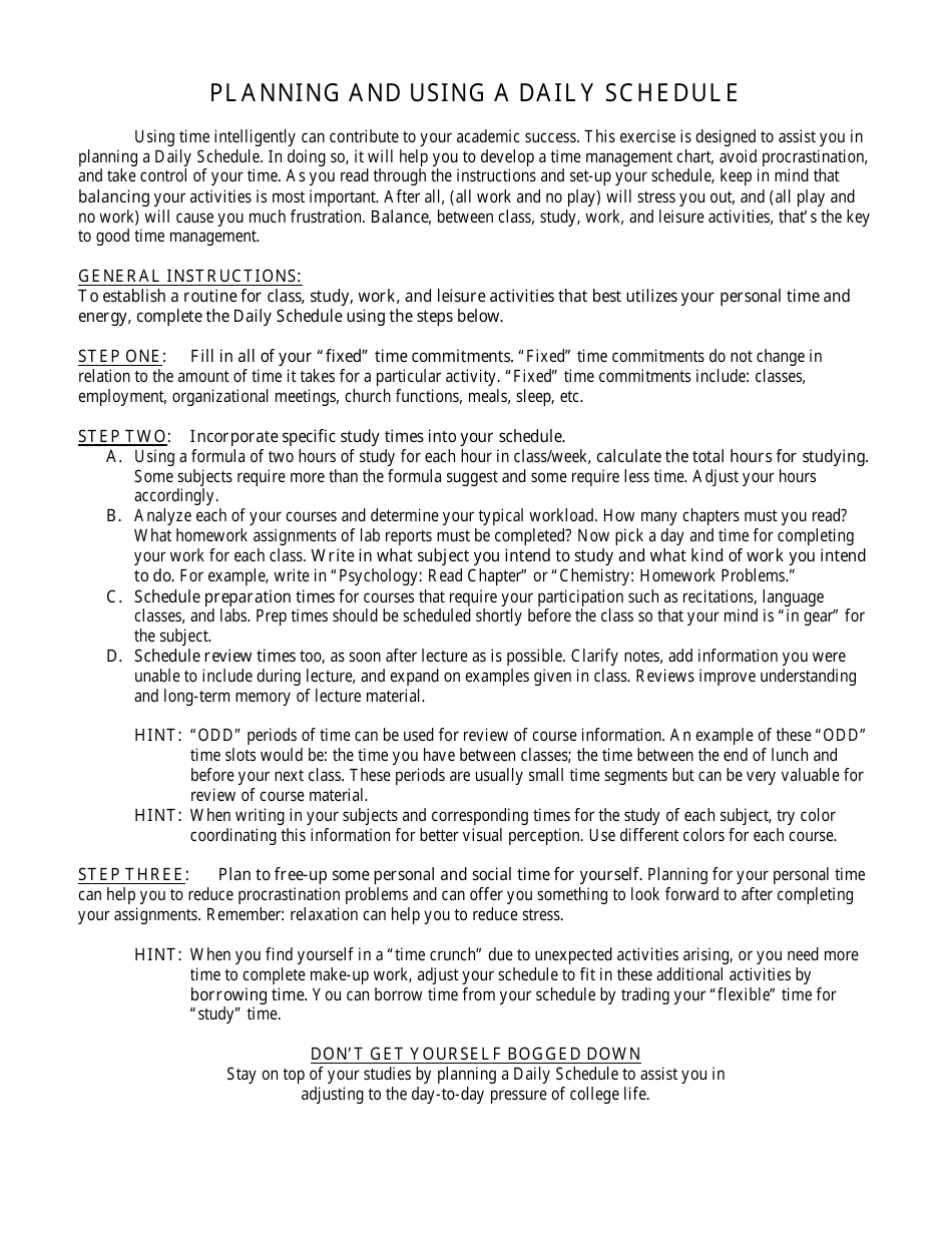 Daily Schedule Template - Planning and Using Download Printable PDF ...