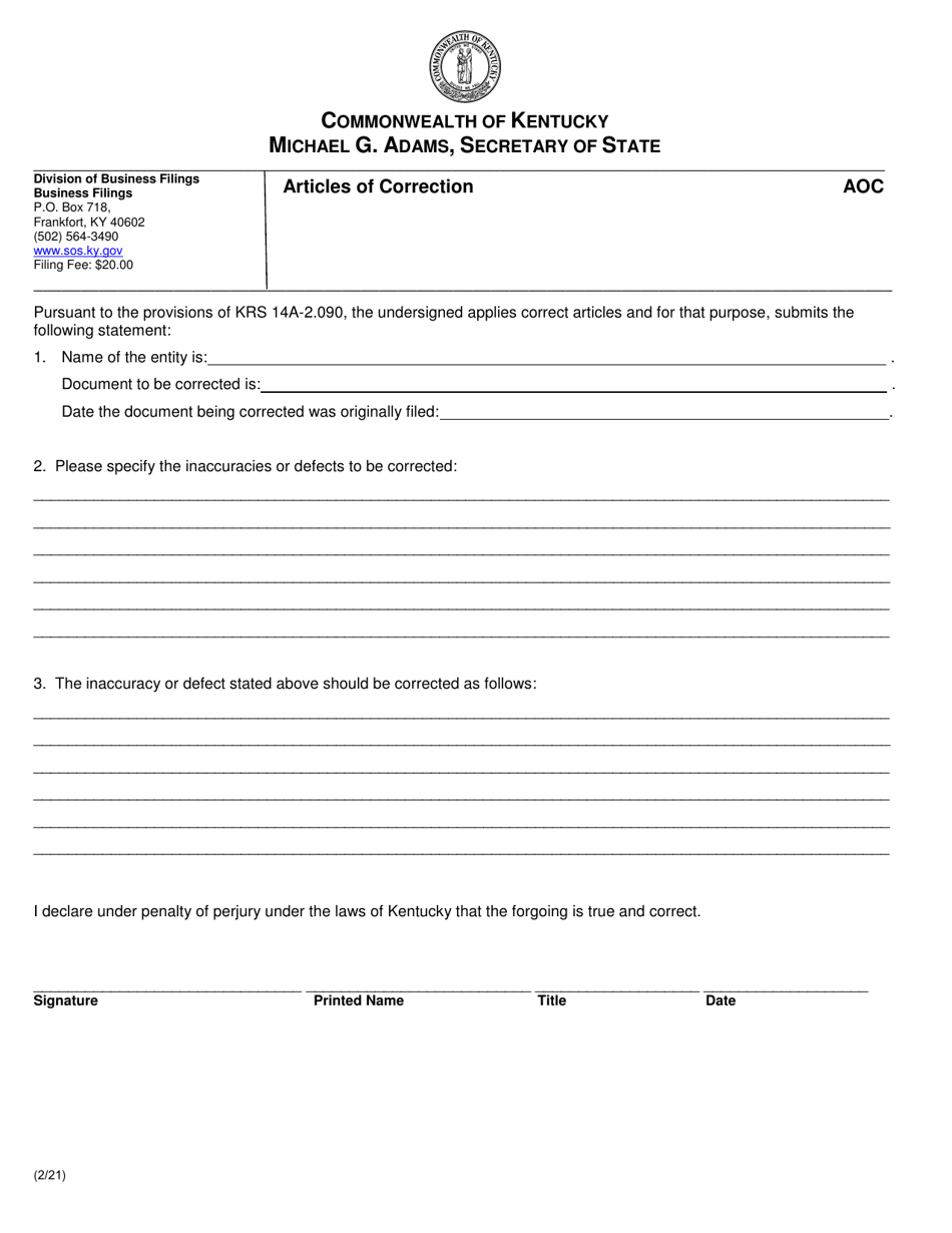 Kentucky Articles of Correction - Fill Out, Sign Online and Download ...