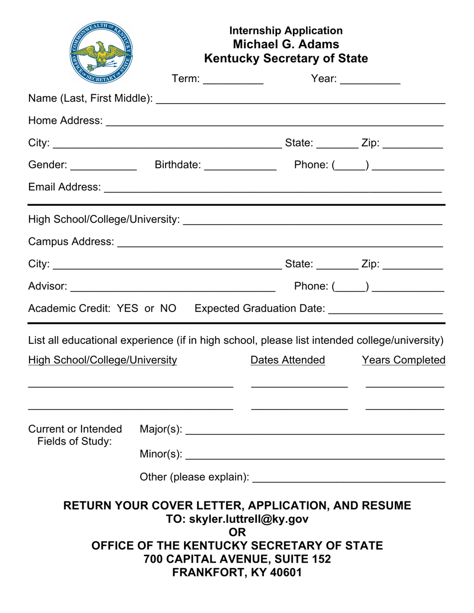 Kentucky Internship Application - Fill Out, Sign Online and Download ...