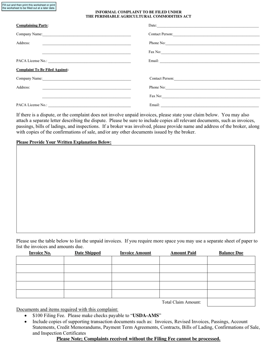 Informal Complaint to Be Filed Under the Perishable Agricultural ...