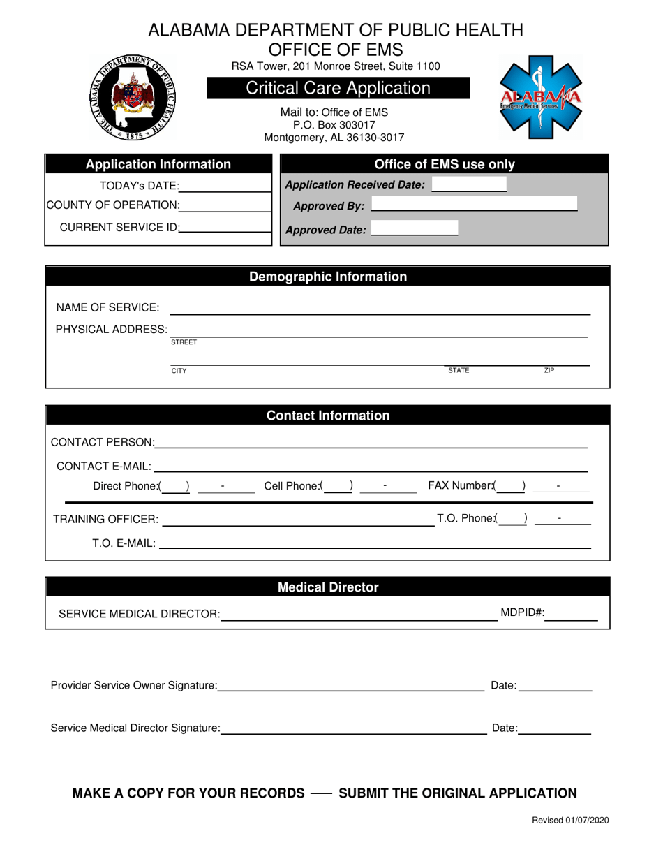 Alabama Critical Care Application - Fill Out, Sign Online and Download ...