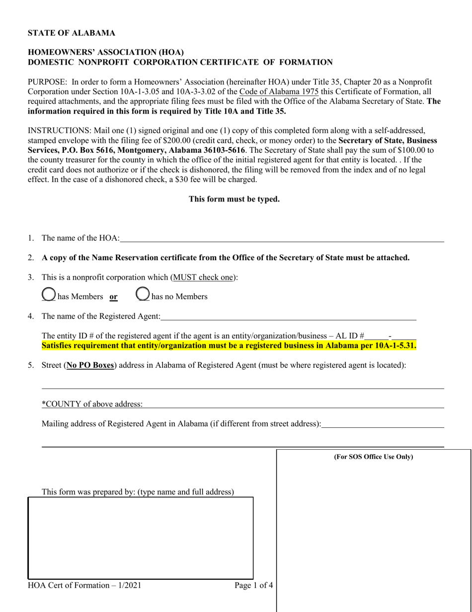 Alabama Homeowners' Association (Hoa) Domestic Nonprofit Corporation ...
