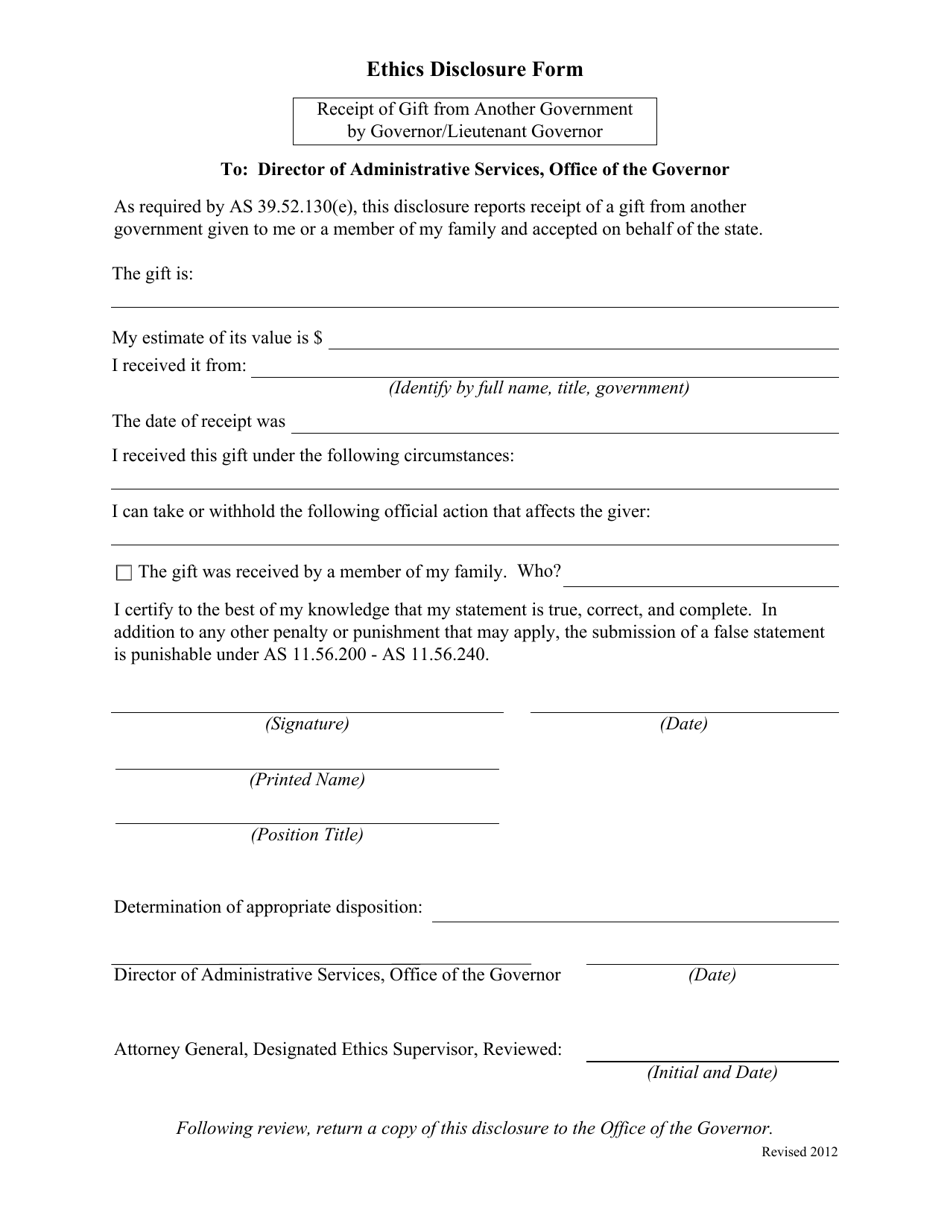 Alaska Ethics Disclosure Form - Receipt of Gift From Another Government ...