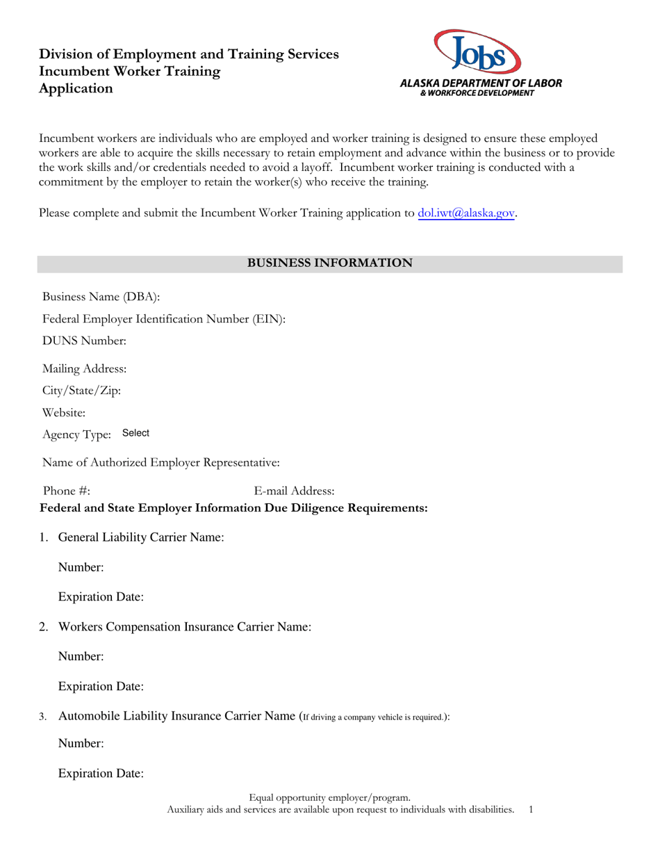 Alaska Incumbent Worker Training Application - Fill Out, Sign Online ...
