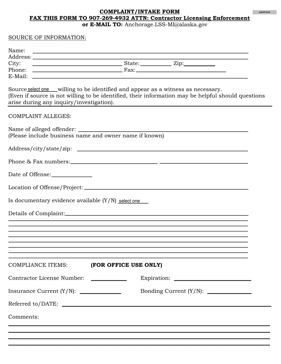 Alaska Complaint/Intake Form - Fill Out, Sign Online and Download PDF ...