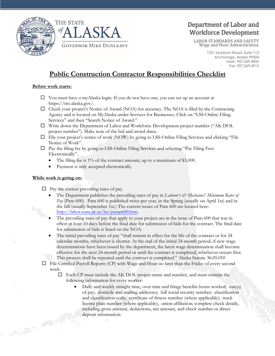 Alaska Public Construction Contractor Responsibilities Checklist - Fill ...