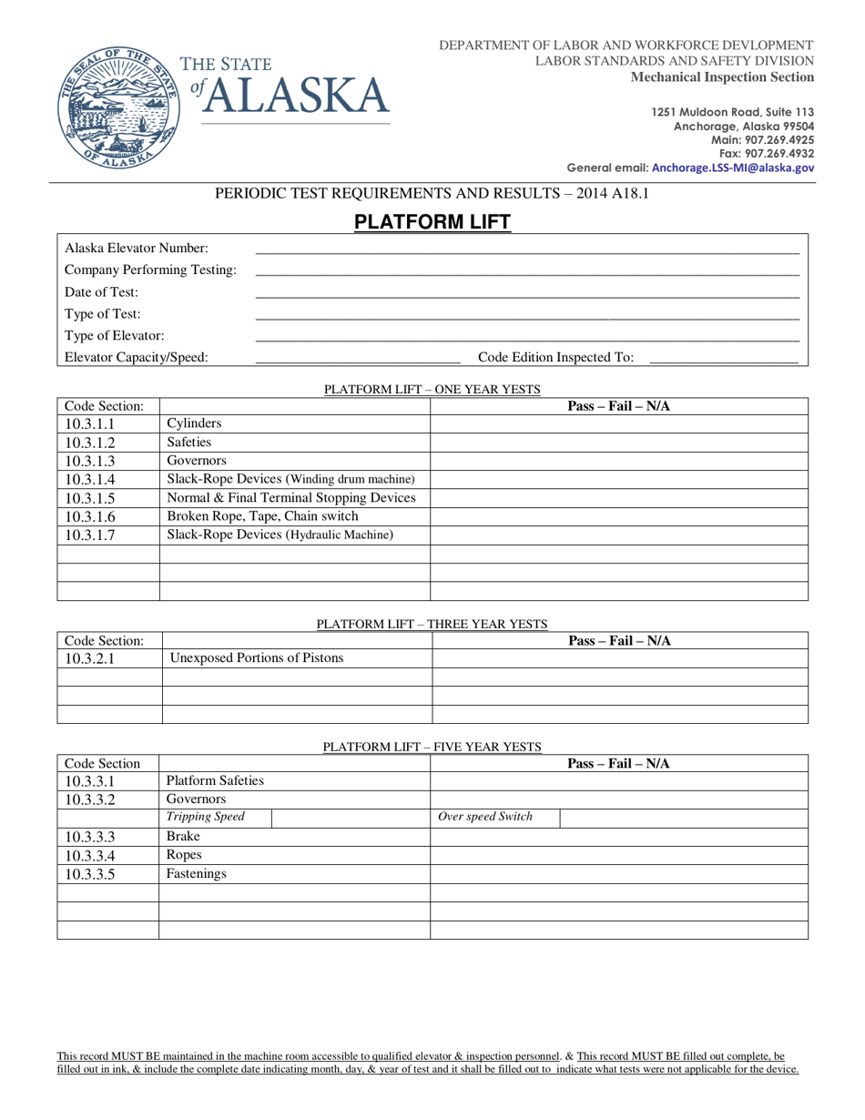 Alaska Platform Lift Periodic Test - Fill Out, Sign Online and Download ...